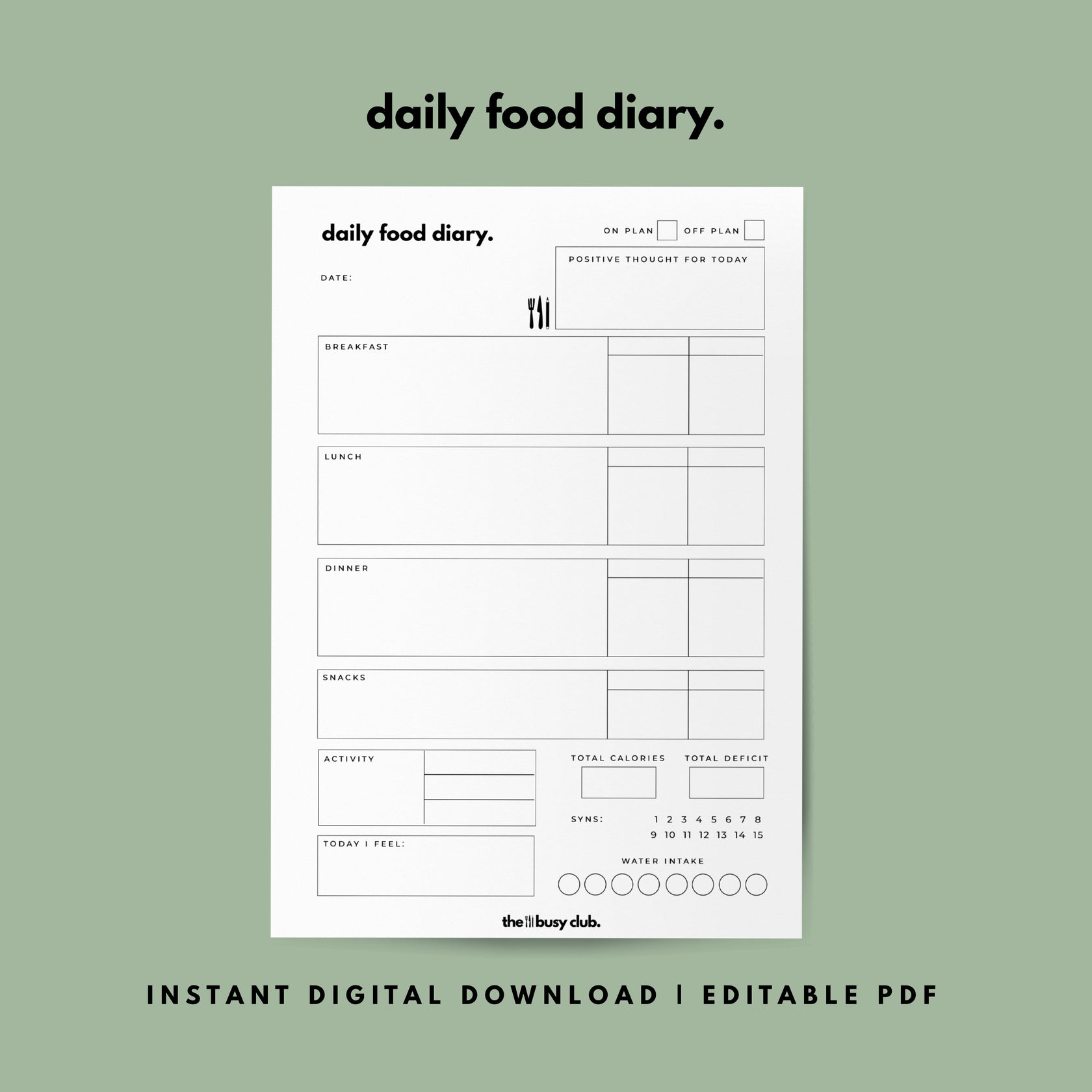 Daily Food Diary - Printable Digital Download | The Busy Club – The ...
